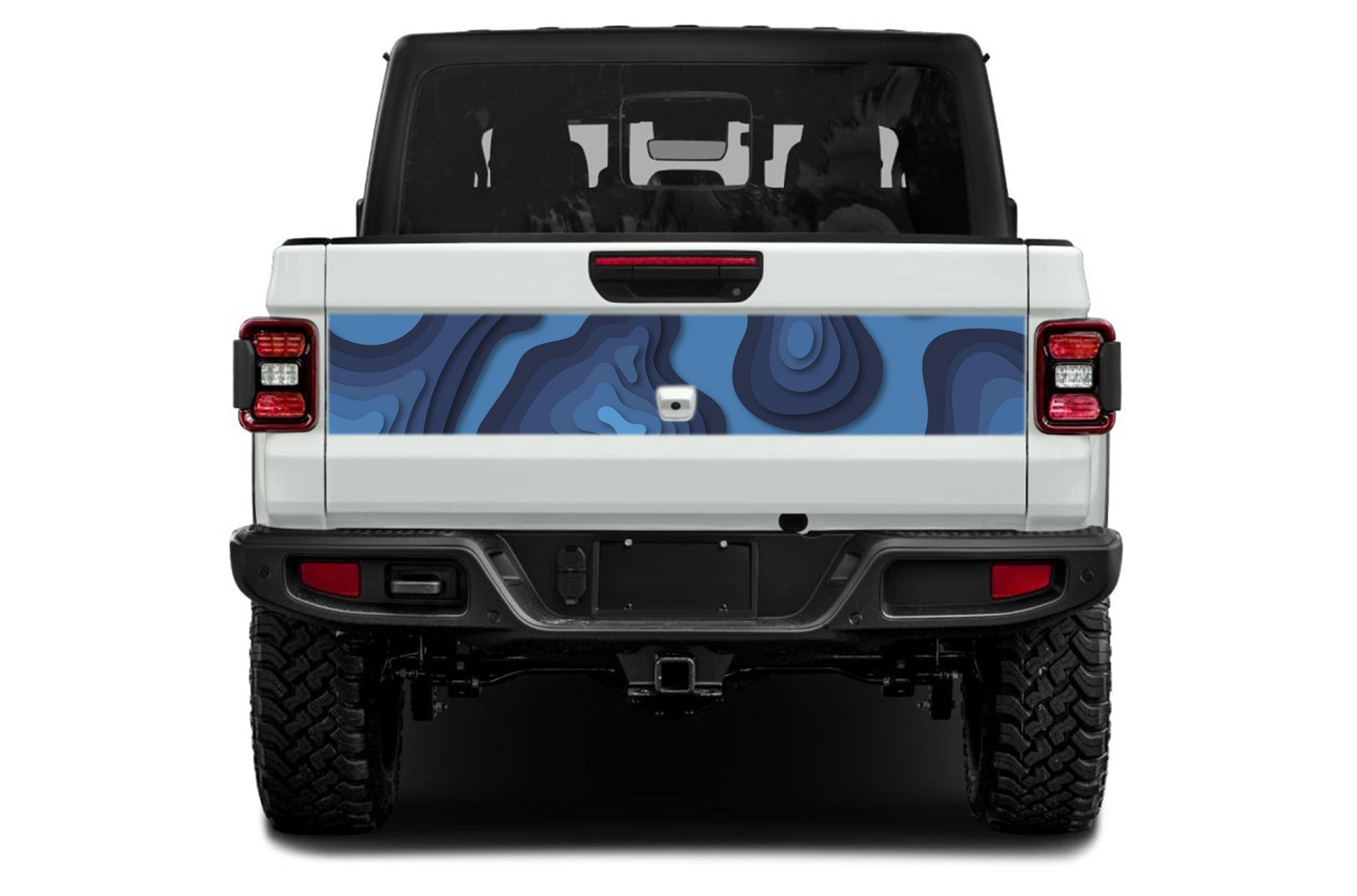 Blue topographic print tailgate graphics decals for Jeep Gladiator JT
